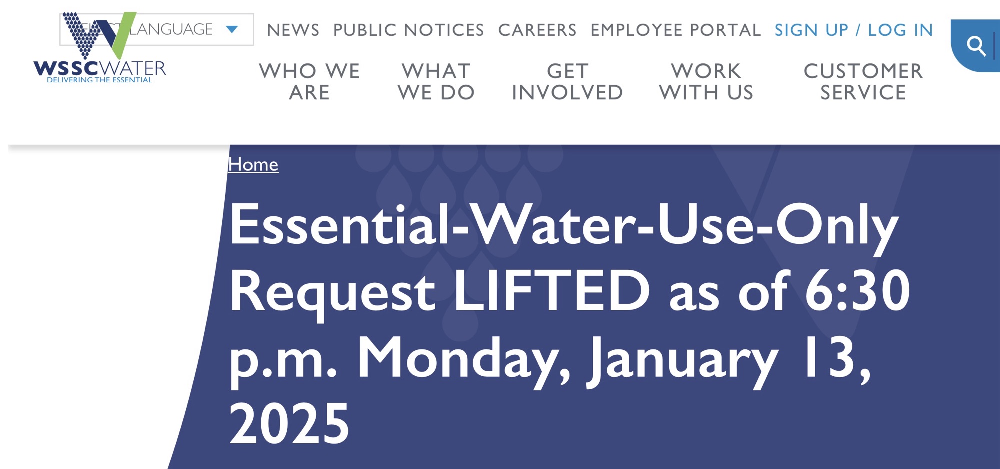 WSSC : Essential-Water-Use-Only Request LIFTED as of 6:30 p.m. Monday ...